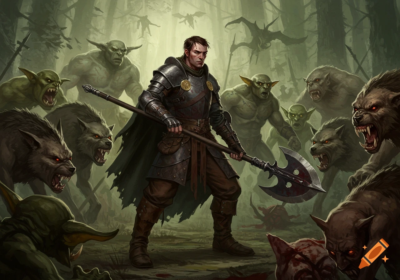 A lone fighter with an axe stands surrounded by goblins and wargs in a ...