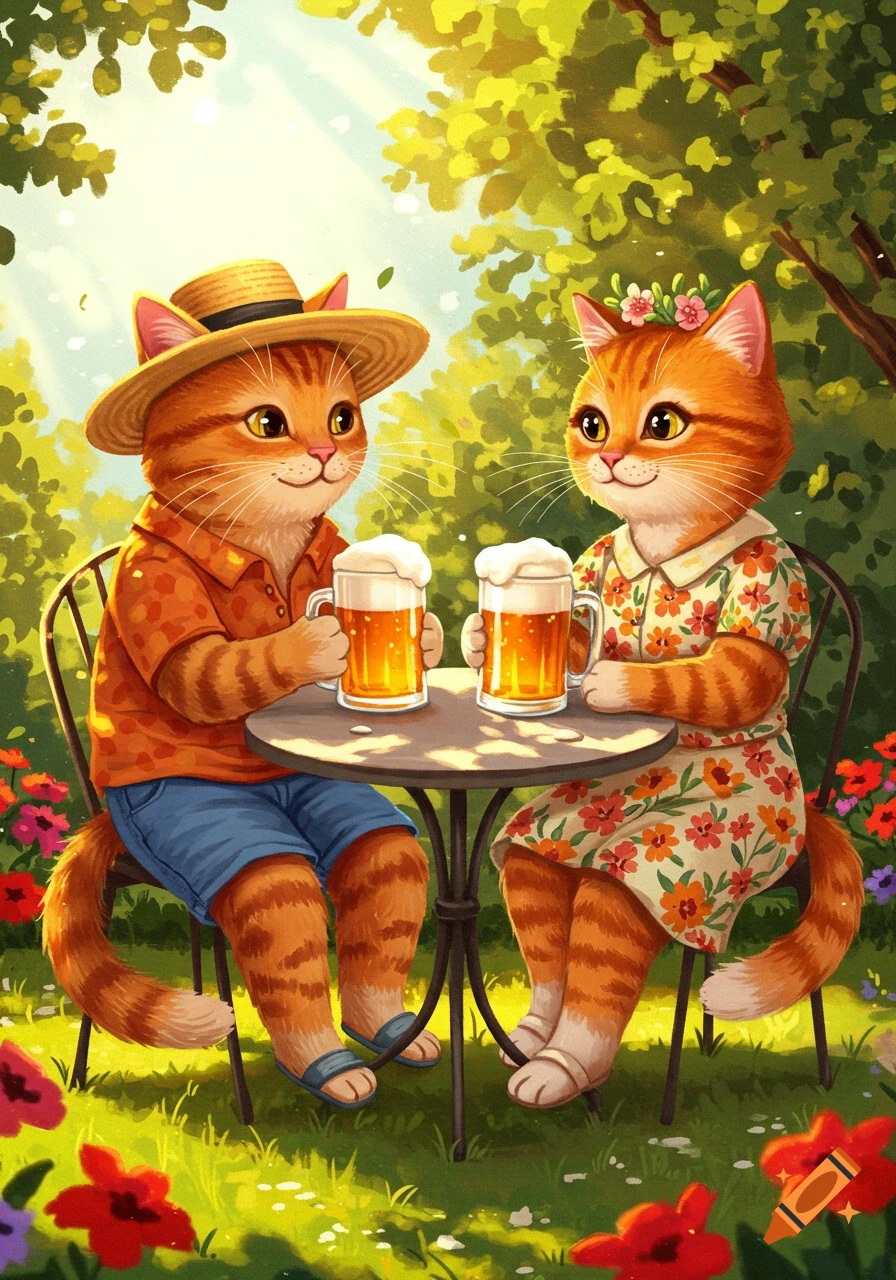 Two cartoon cats drinking beer at a table in a garden. Illustration. on ...