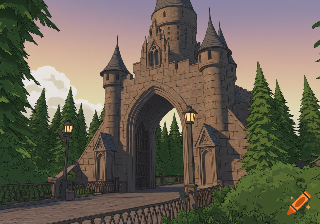 Cartoon illustration of a fantasy castle gate at dusk, surrounded by ...