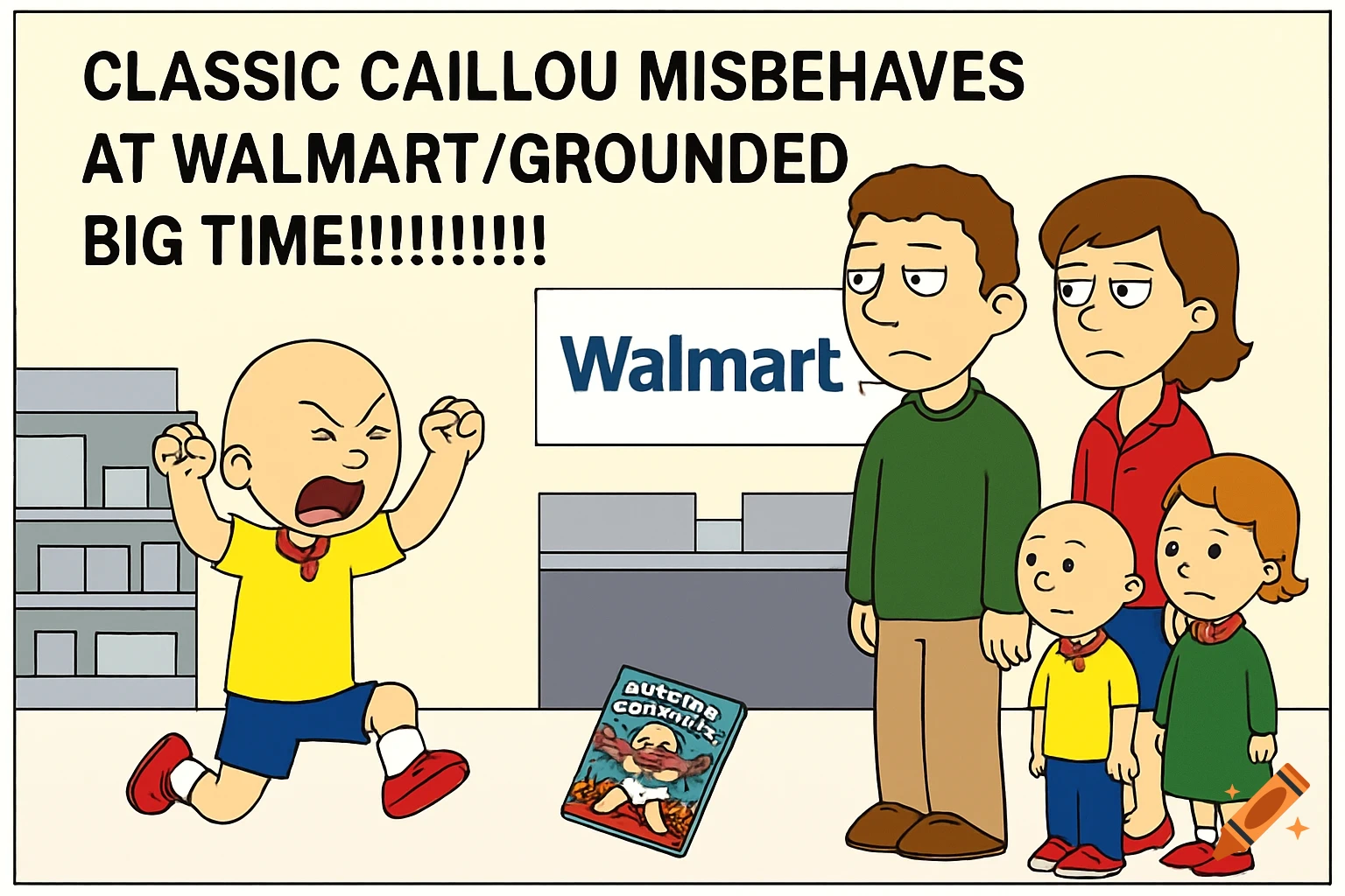 Cartoon of Caillou having a tantrum in Walmart while his family looks ...