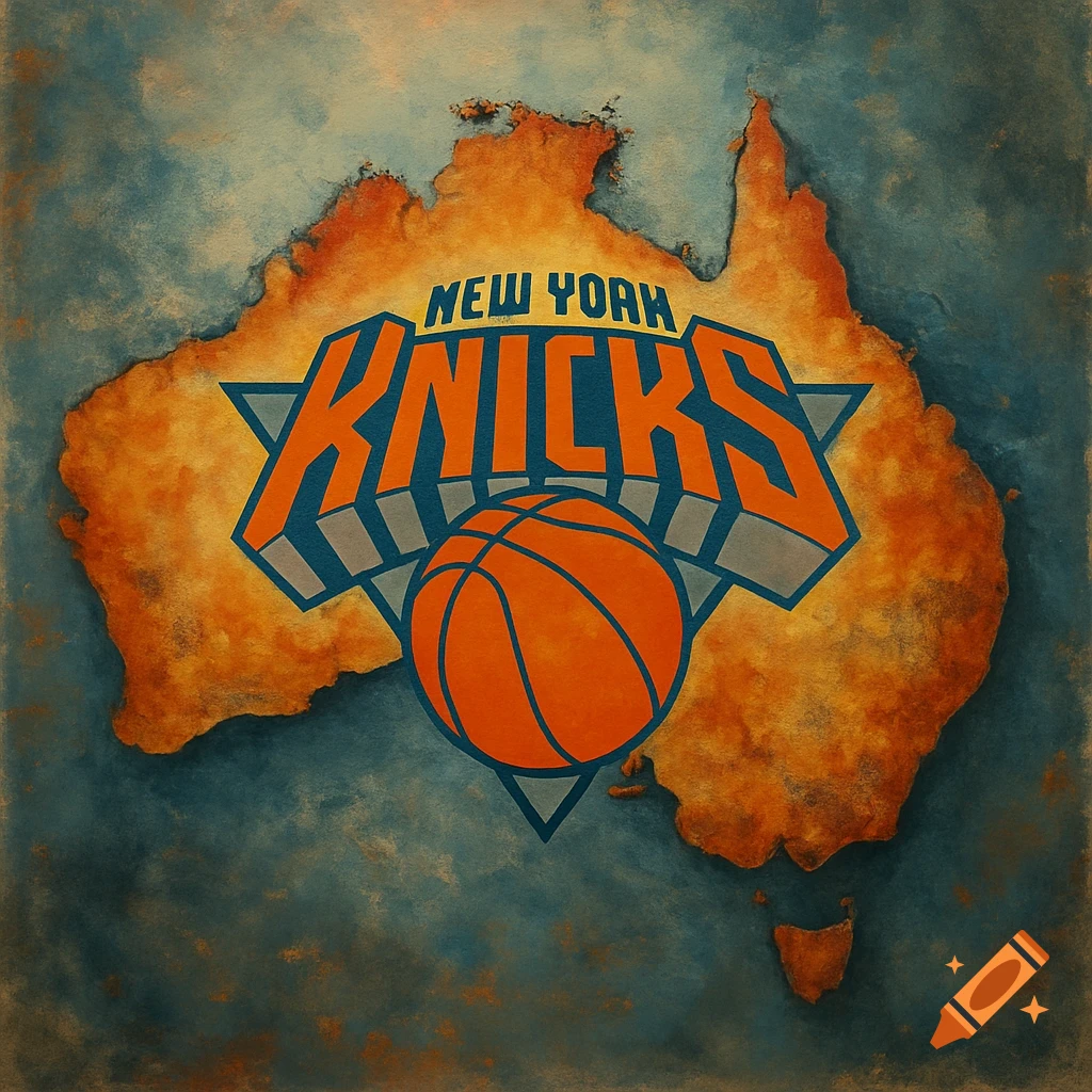 New York Knicks logo over a map of Australia, grunge style on Craiyon