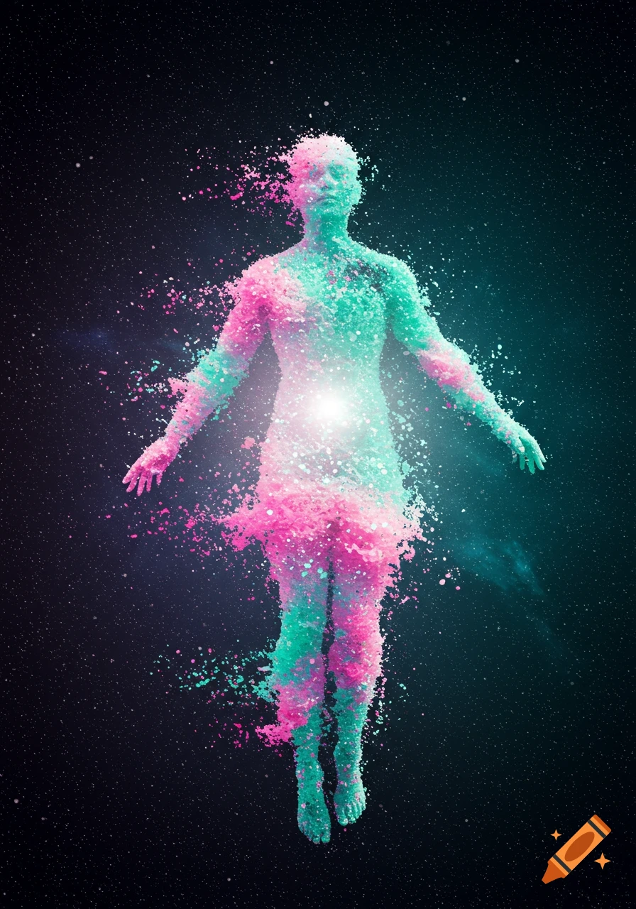 Abstract human figure dissolving into colorful particles in starry space on Craiyon