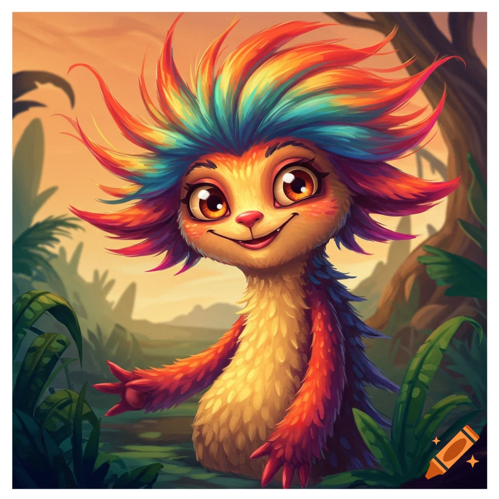 A colorful, furry fantasy creature with spiky hair smiles in a forest ...