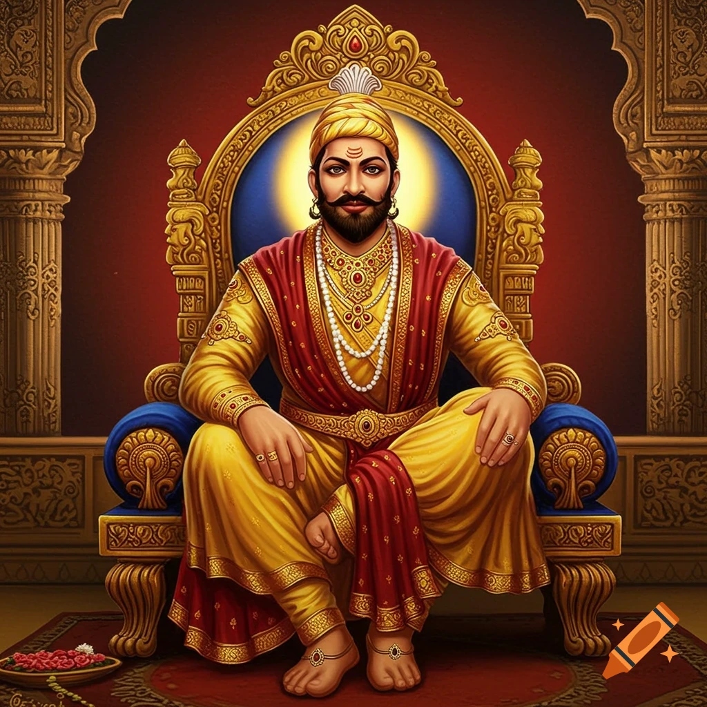 Portrait of a historical Indian king seated on an ornate golden throne ...