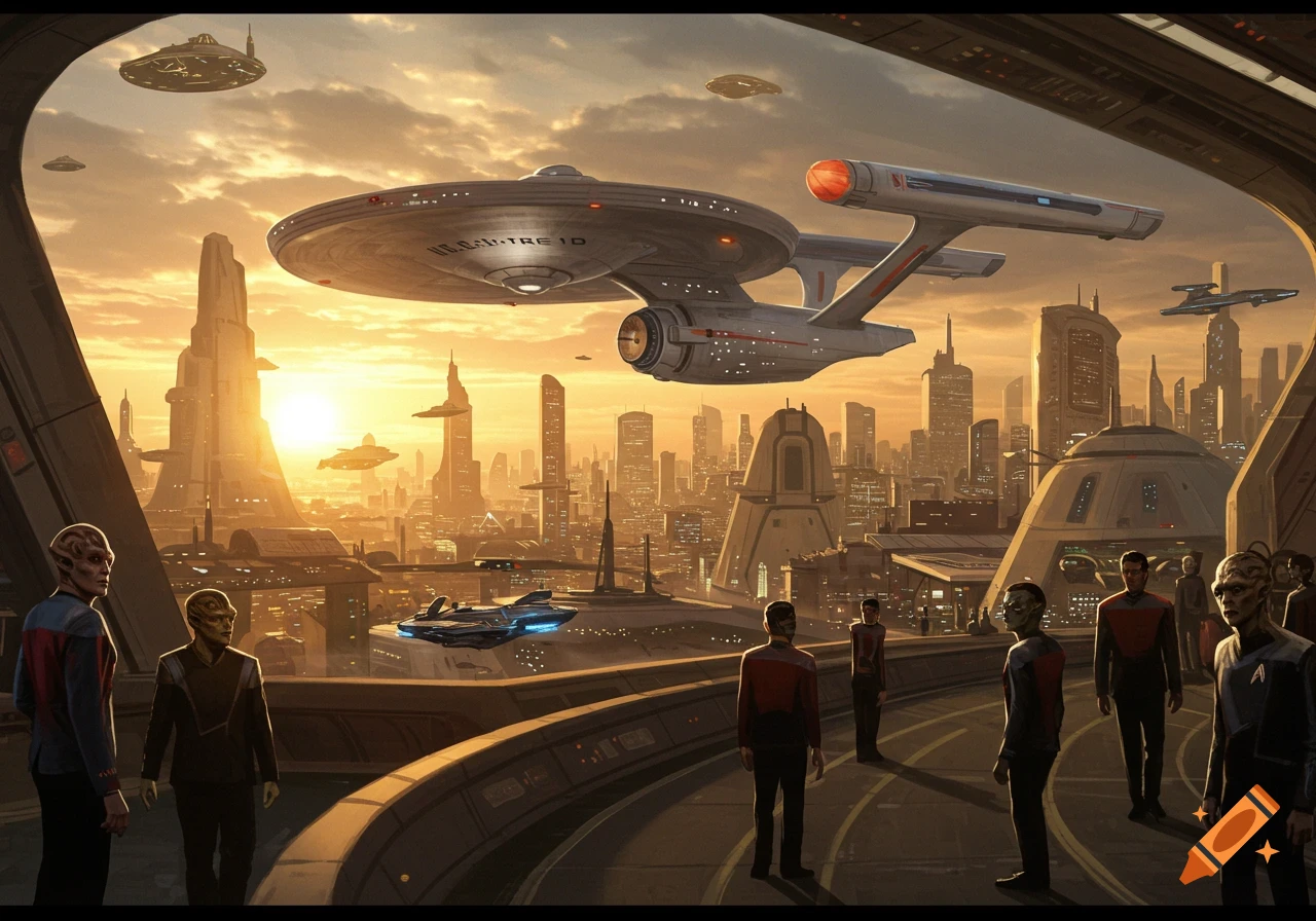 A large spaceship hovers over a futuristic city during sunset, viewed ...
