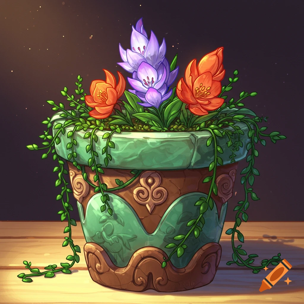 A stylized planter pot filled with orange and purple flowers and green ...