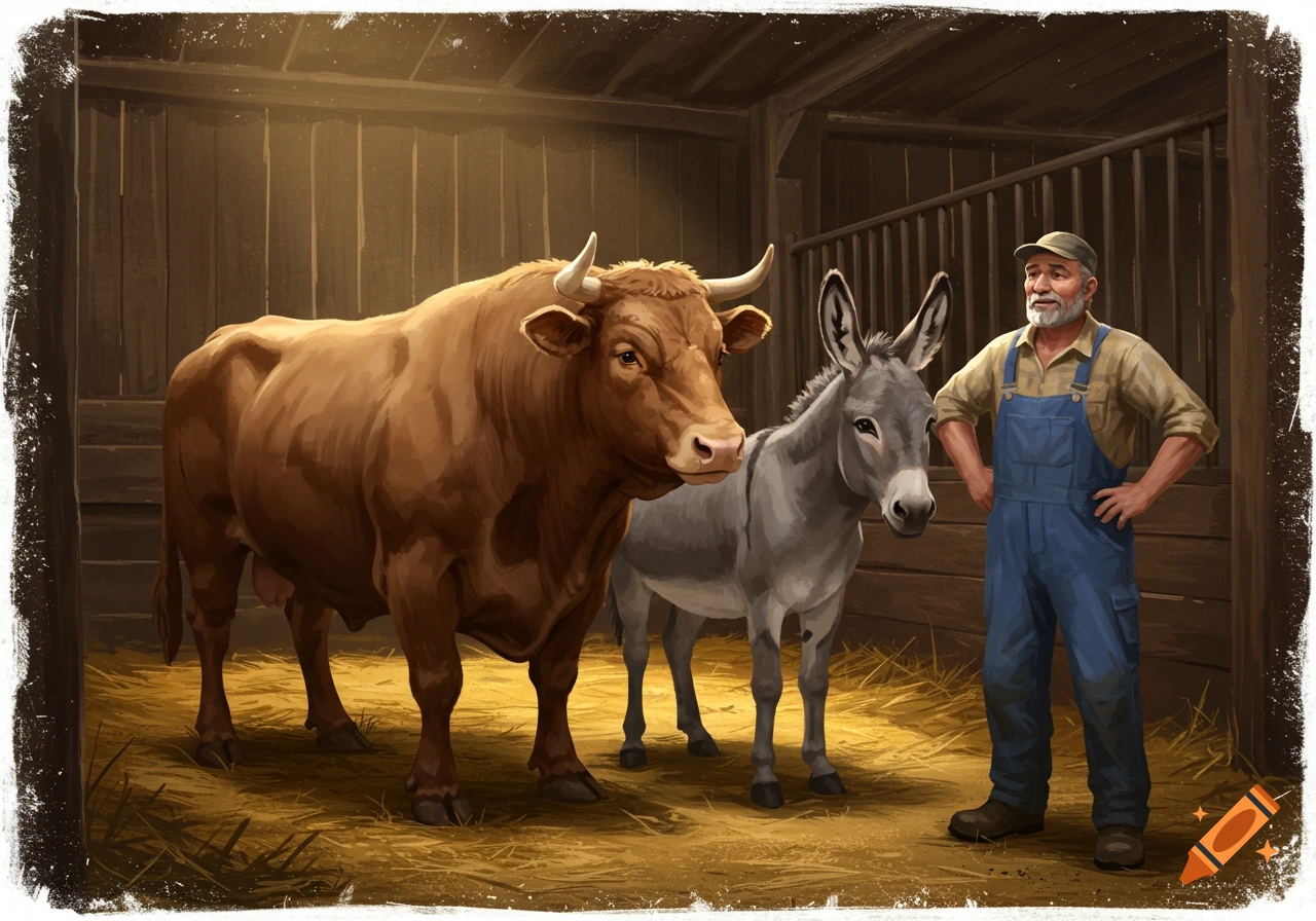 A farmer stands with a bull and a donkey in a barn. on Craiyon