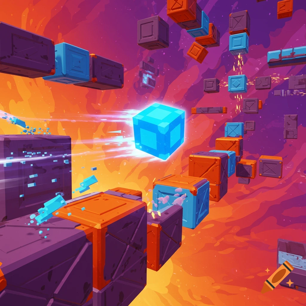 Glowing blue cube moving through an abstract geometric level with ...