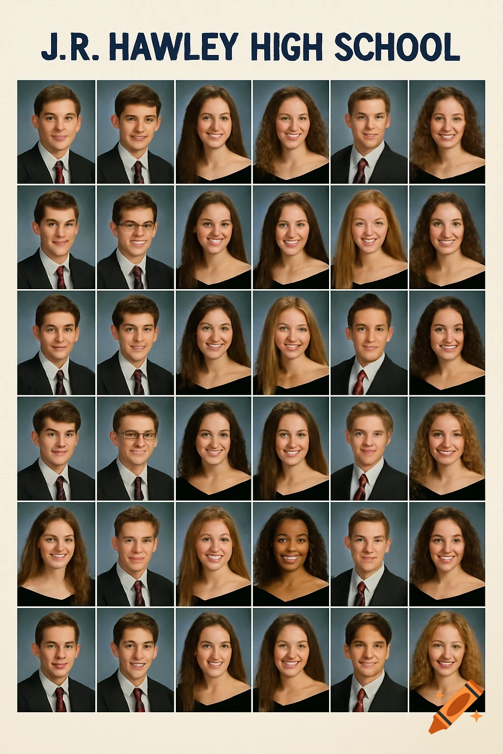 Grid of student portraits on a yearbook page with school name header ...
