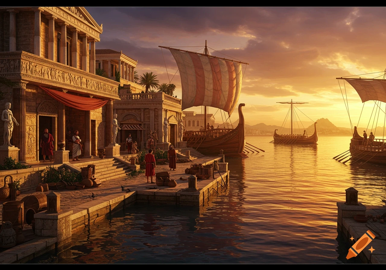 Detailed illustration of an ancient Roman harbor at sunset with ships ...