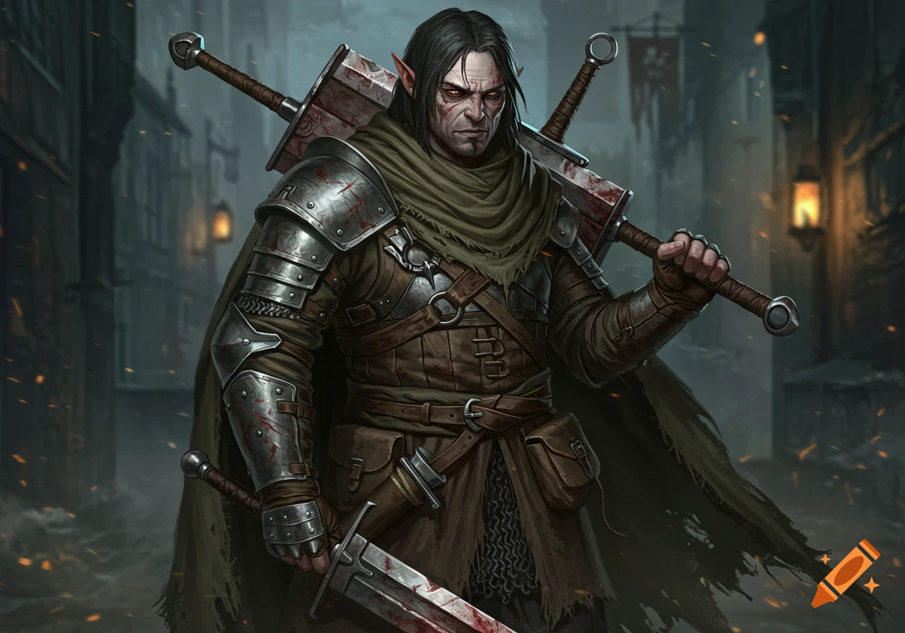 Dark fantasy half-elf warrior with large swords and worn armor stands ...