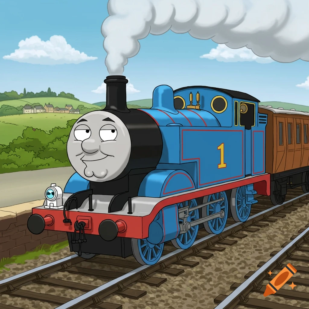 A blue tank engine with Peter Griffin's face and the number 1 on the ...