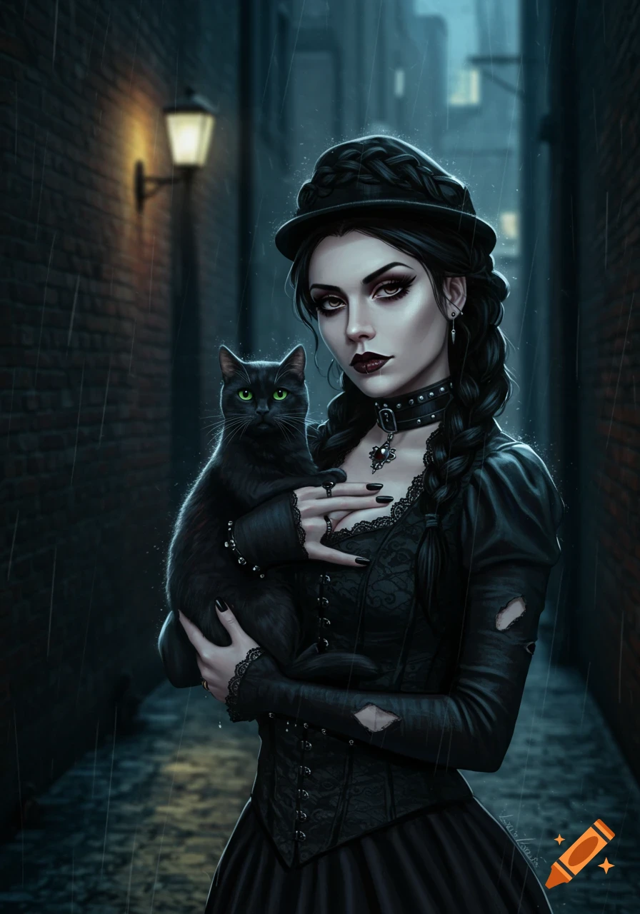 Gothic woman holding a black cat in a dark, rainy alleyway. on Craiyon