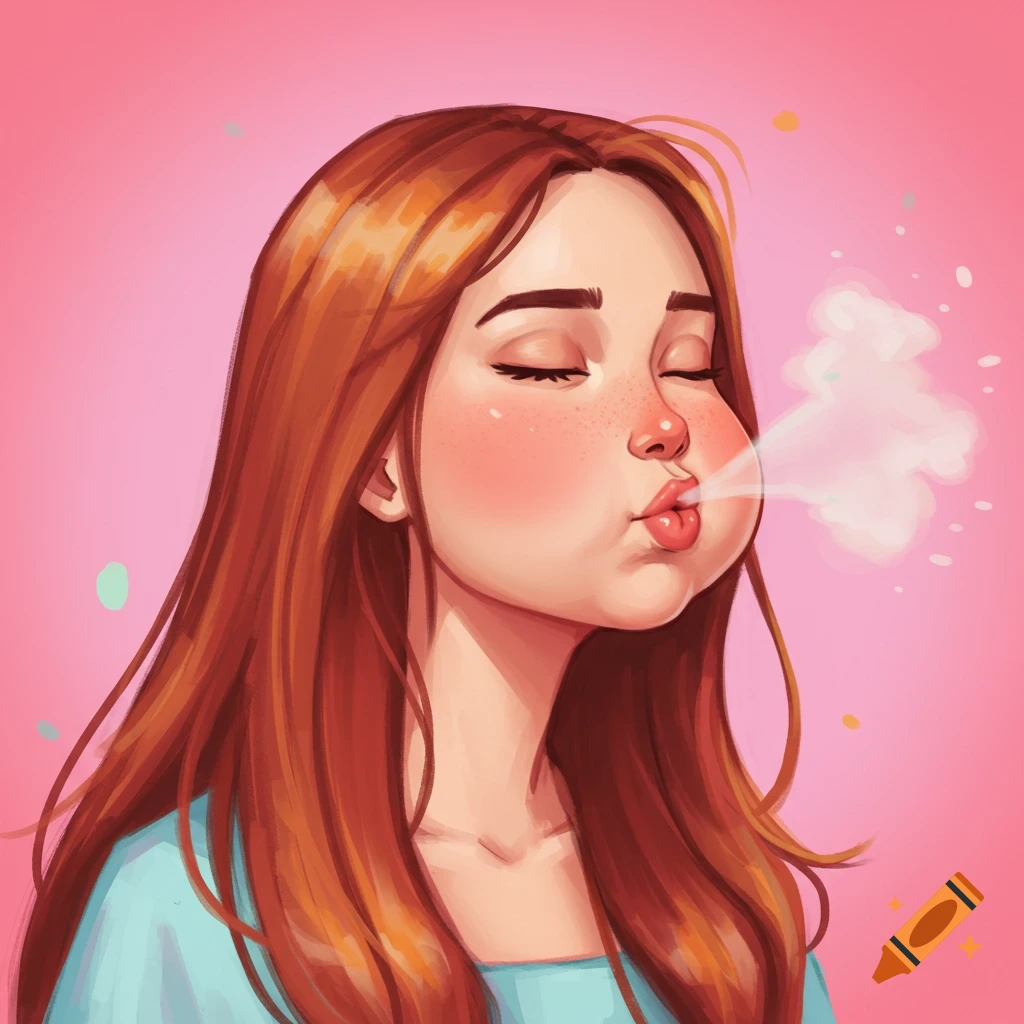 Stylized portrait of a girl with puffed cheeks blowing steam on Craiyon