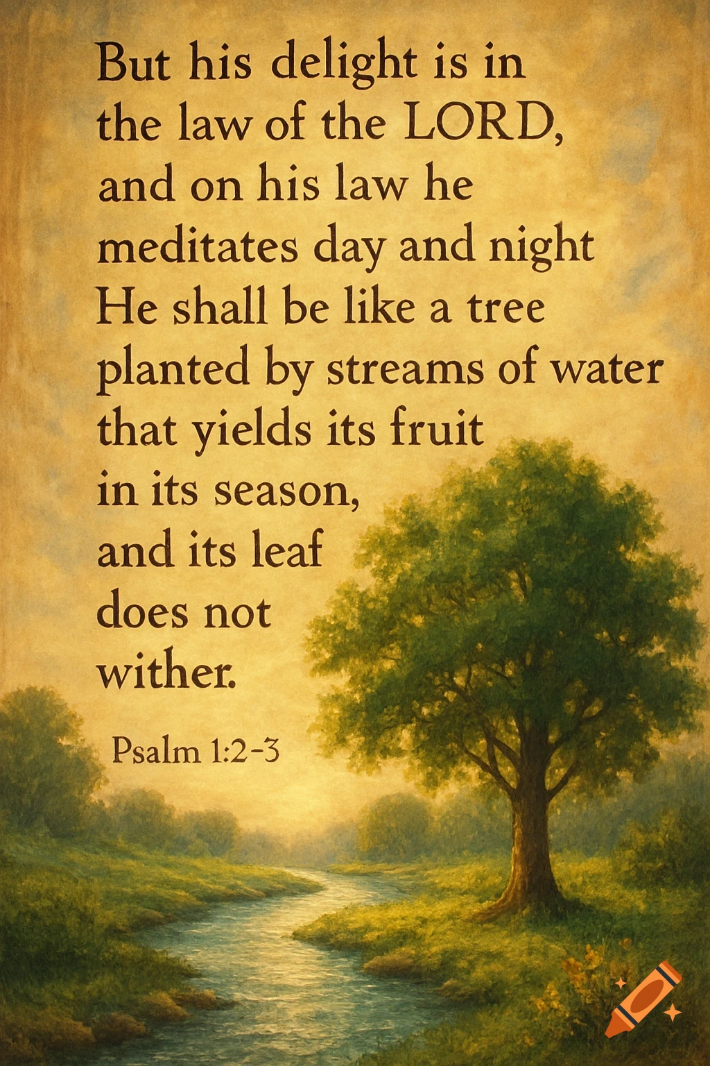 Bible text of Psalm 1:2-3 over a painting of a tree by a stream. on Craiyon