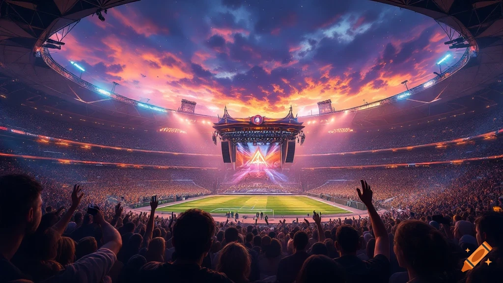 A massive crowd watches a concert on a large stage in a stadium under a ...