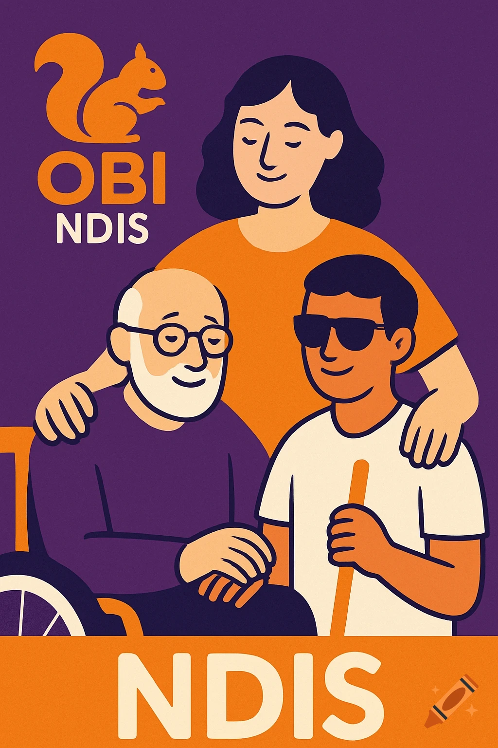 Illustration of a woman with two men, one in a wheelchair, one with a ...