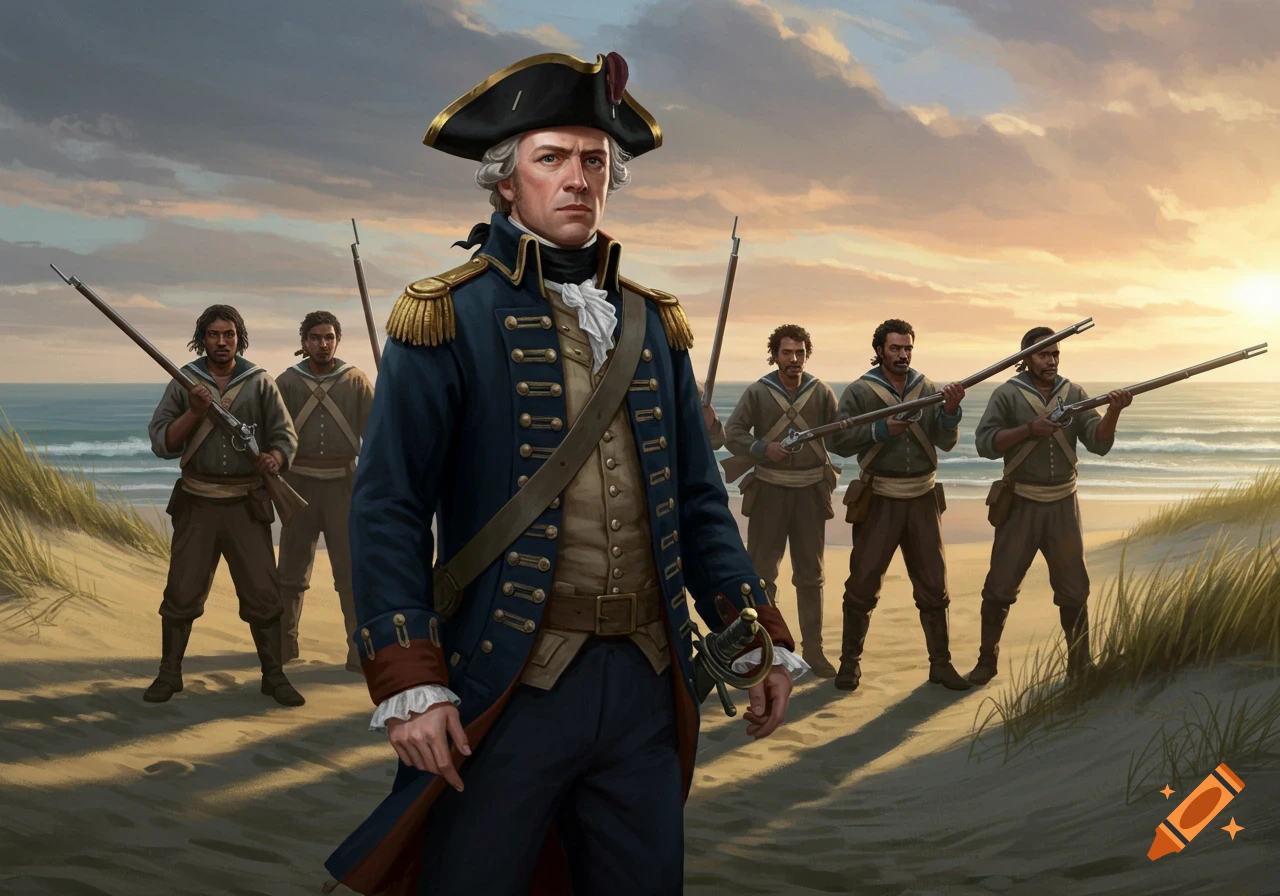 An English naval officer stands on a beach with his crew holding ...