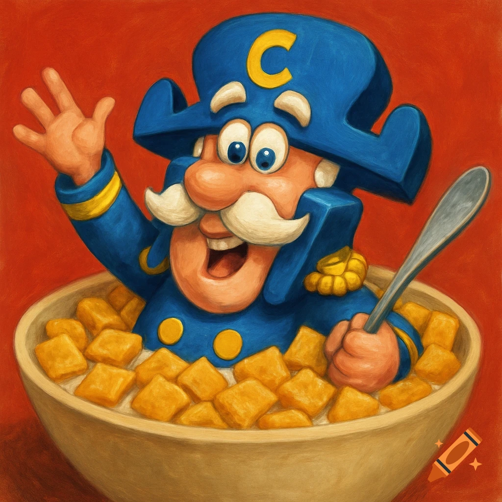 A painting of Captain Crunch mascot waving from a bowl of cereal ...