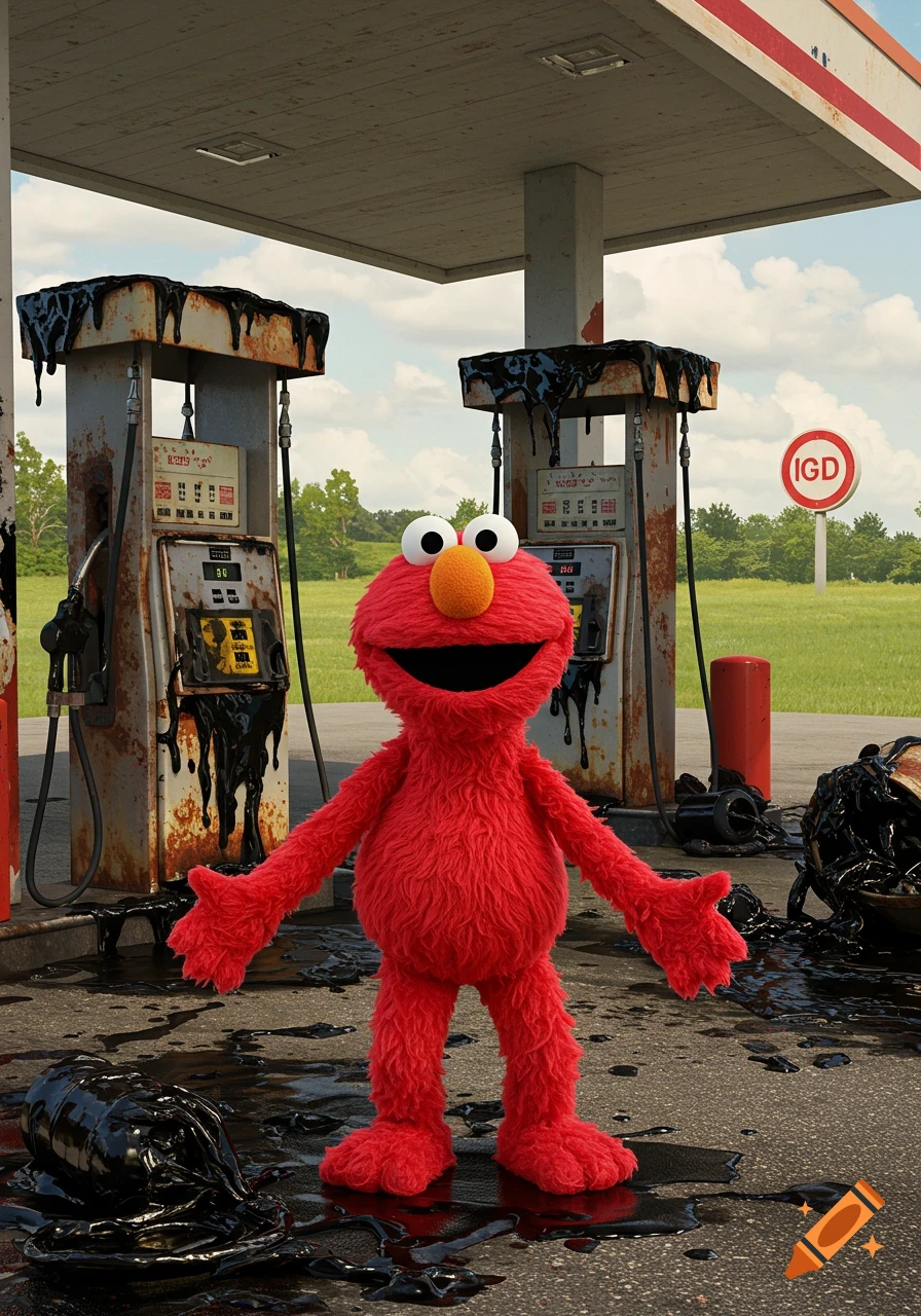 Elmo stands at a run-down gas station covered in black tar. on Craiyon