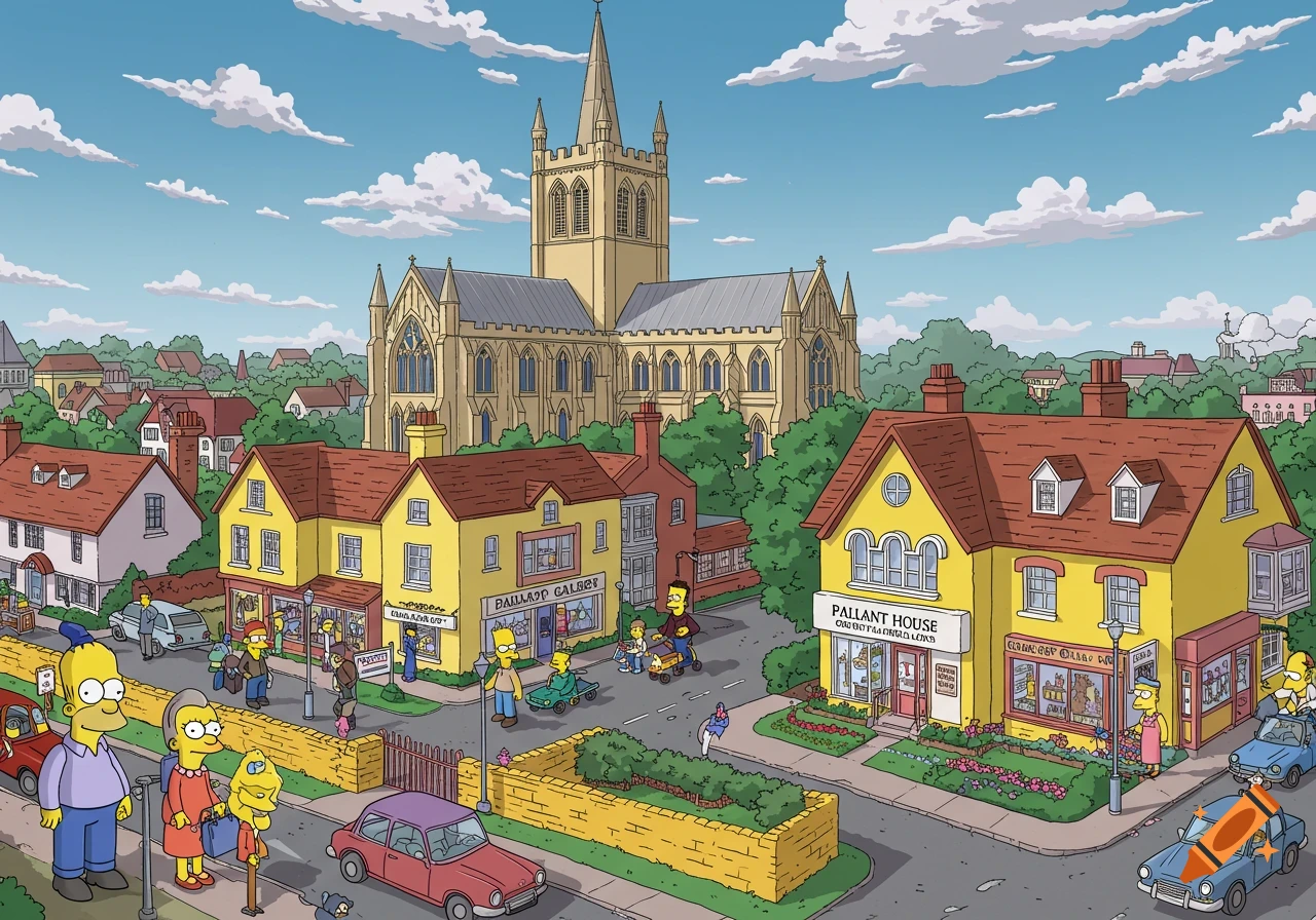 A cartoon town scene in The Simpsons style, featuring a large church ...