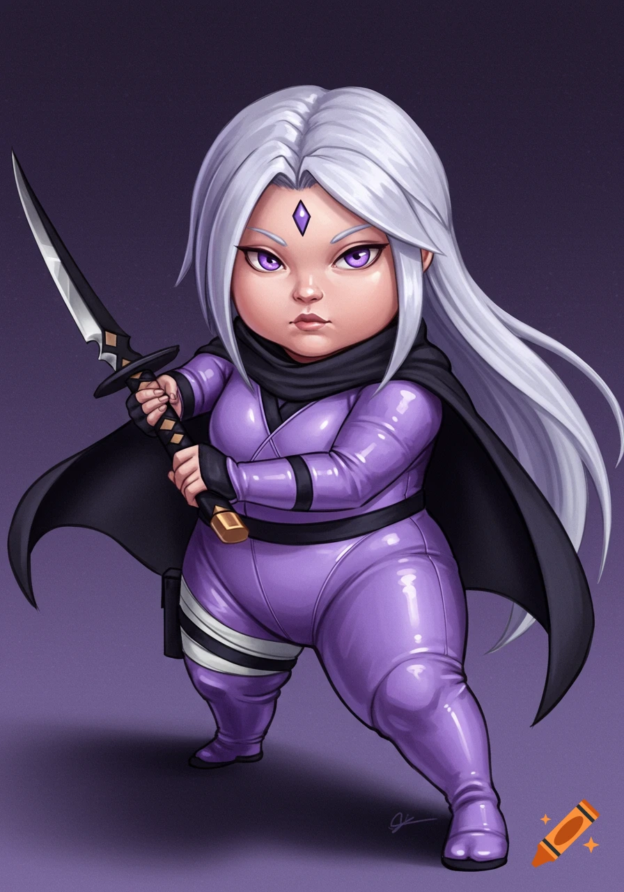 Chibi fantasy character of a chubby ninja with white hair, purple suit ...