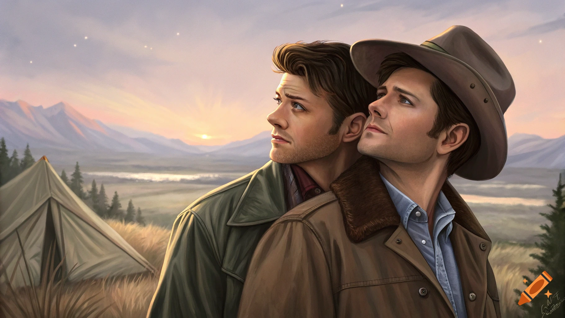 Digital painting of Dean and Castiel from Supernatural looking at each ...