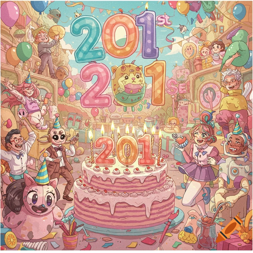 A whimsical illustration of a large birthday party with diverse cartoon ...