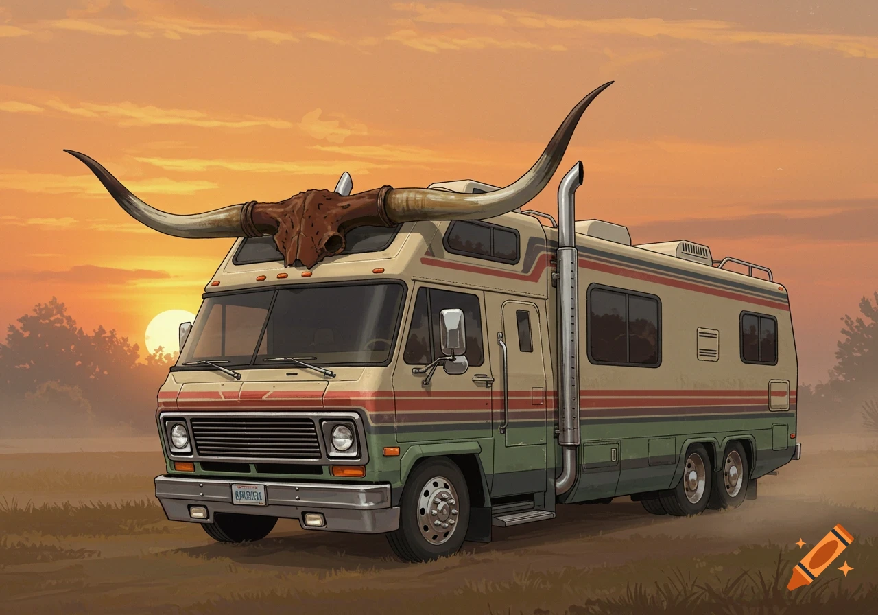 Illustrated custom RV with longhorn horns on the roof and semi-truck ...