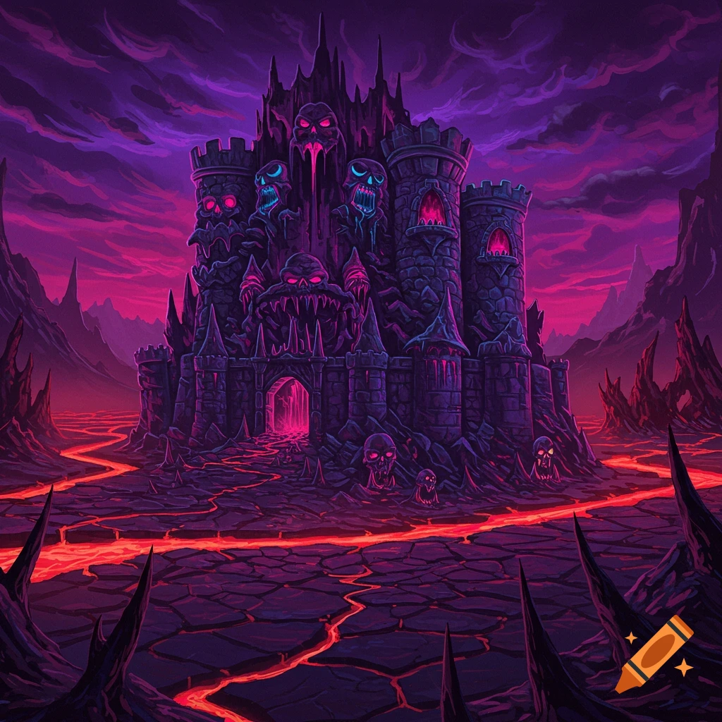 Dark fantasy illustration of a spooky castle with skulls surrounded by lava flows under a purple ...