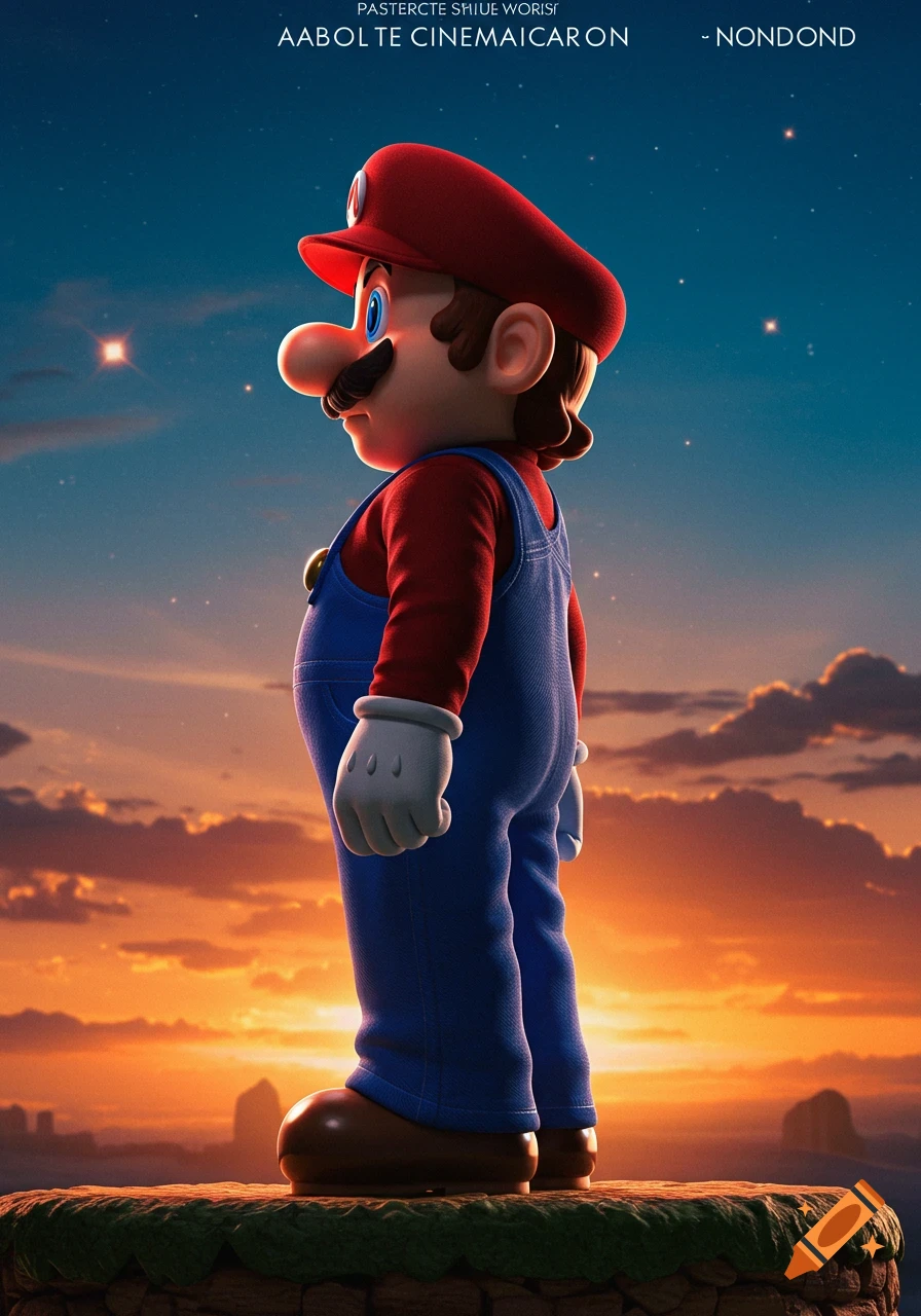 Mario stands on a platform looking left towards a star during a sunset ...