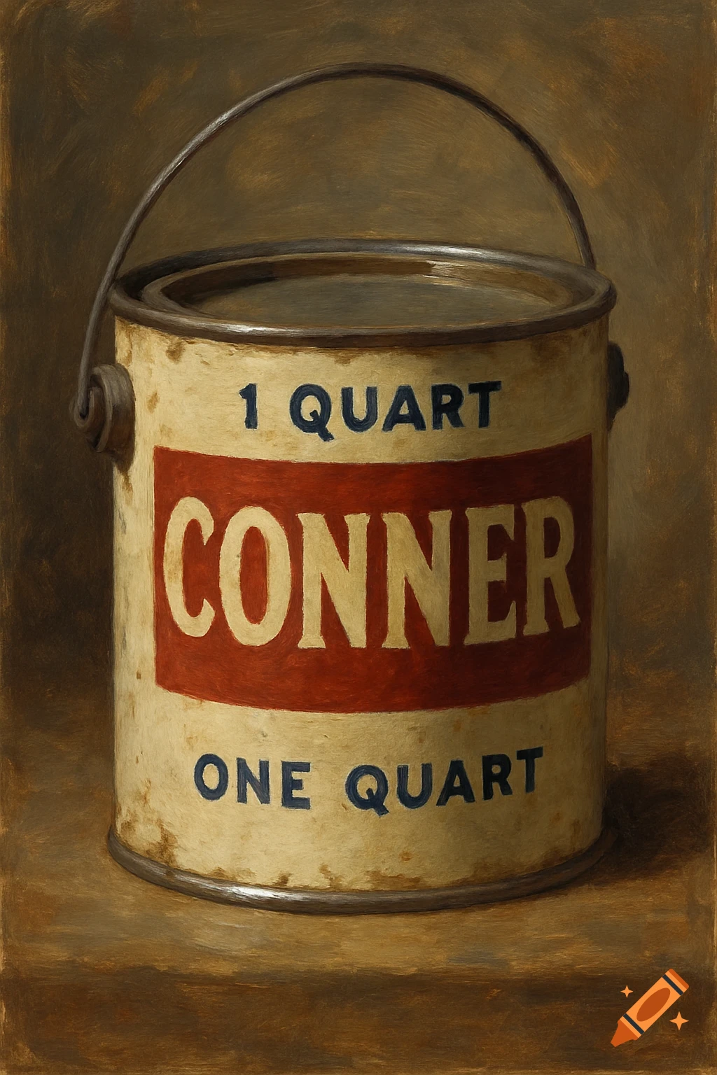 Still life oil painting of a quart paint can labeled 'CONNER' on Craiyon