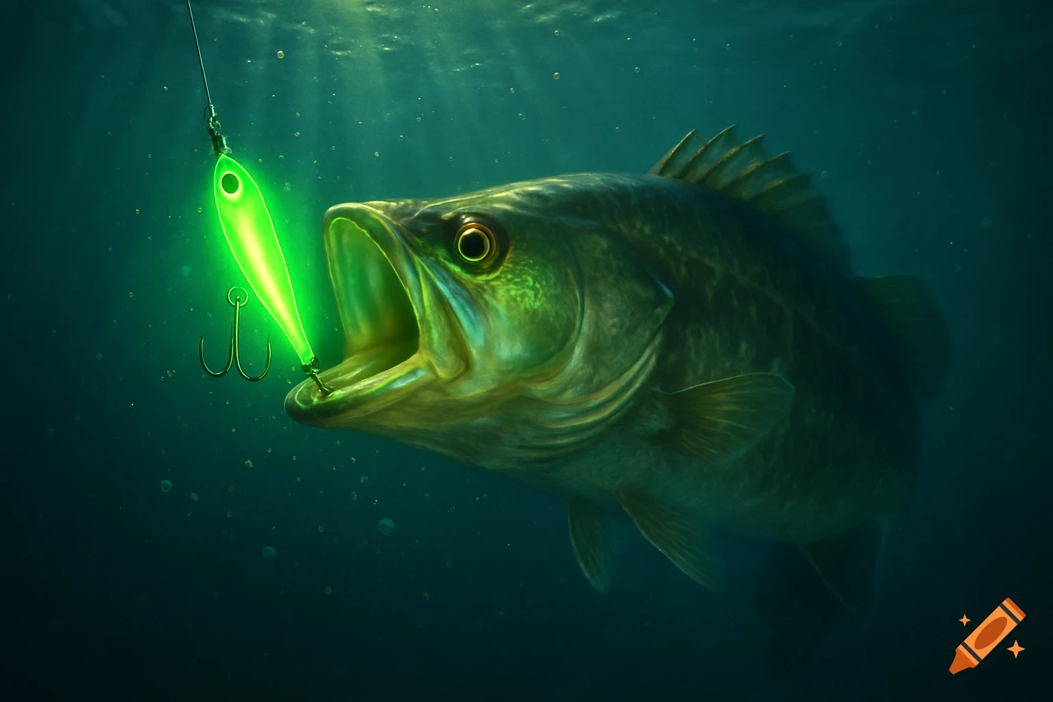 A large fish underwater opens its mouth towards a glowing green fishing ...
