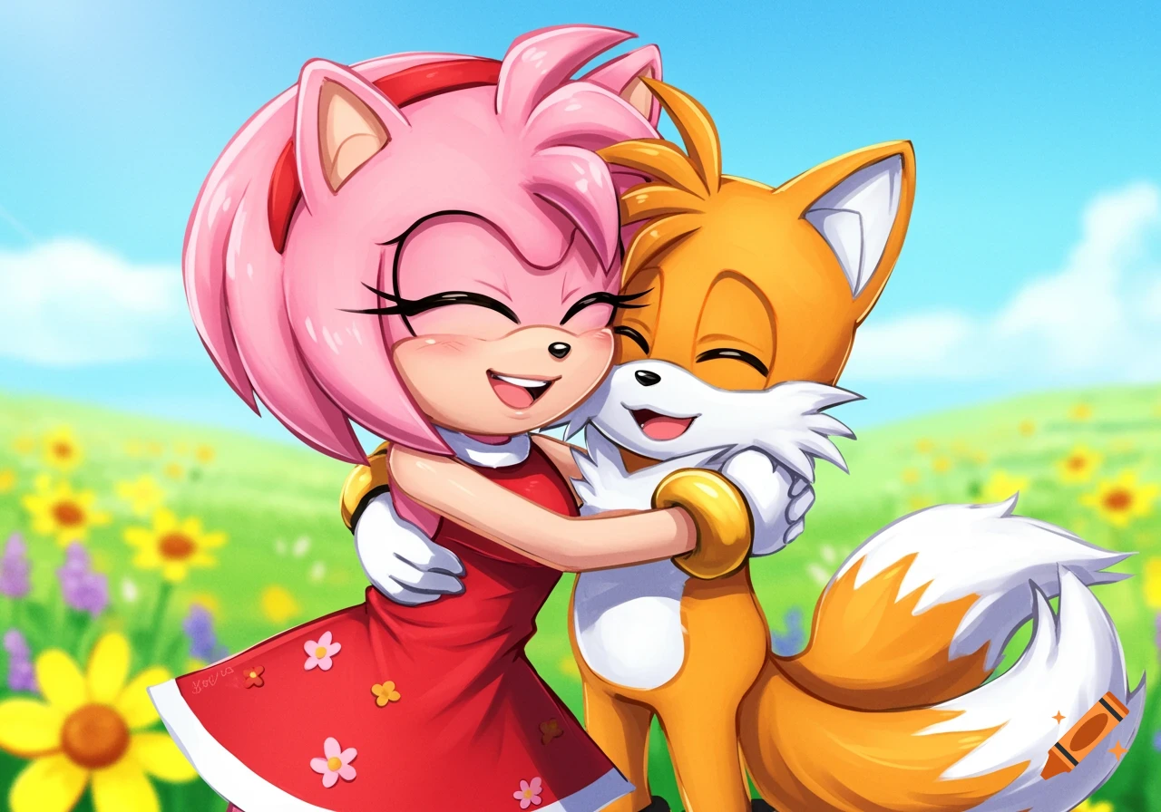 Amy Rose and Tails the Fox happily hugging in a sunny field full of flowers. on Craiyon