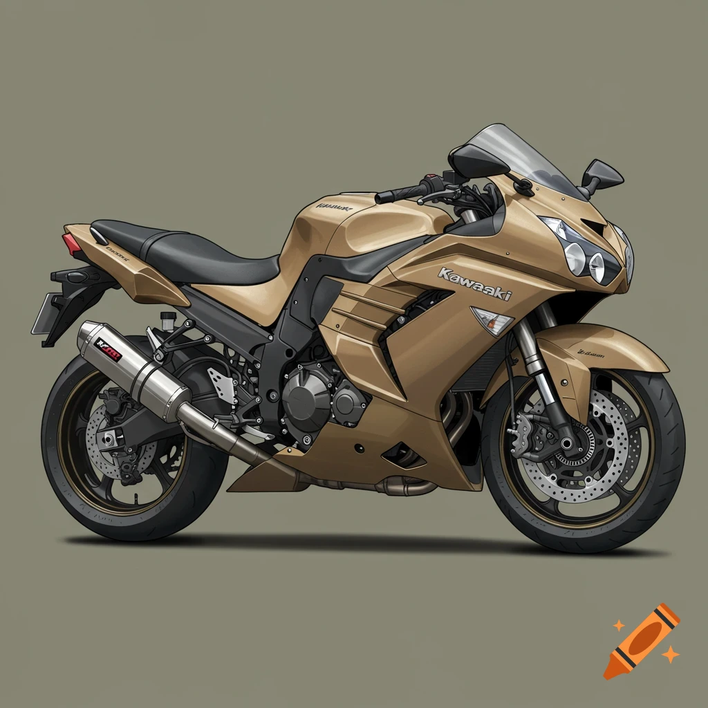 A tan and gold Kawasaki ZX-14 sportbike is parked, viewed from the side ...