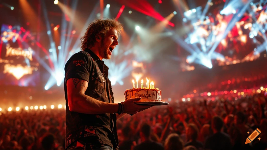 A man holds a birthday cake while standing on a stage during a concert ...