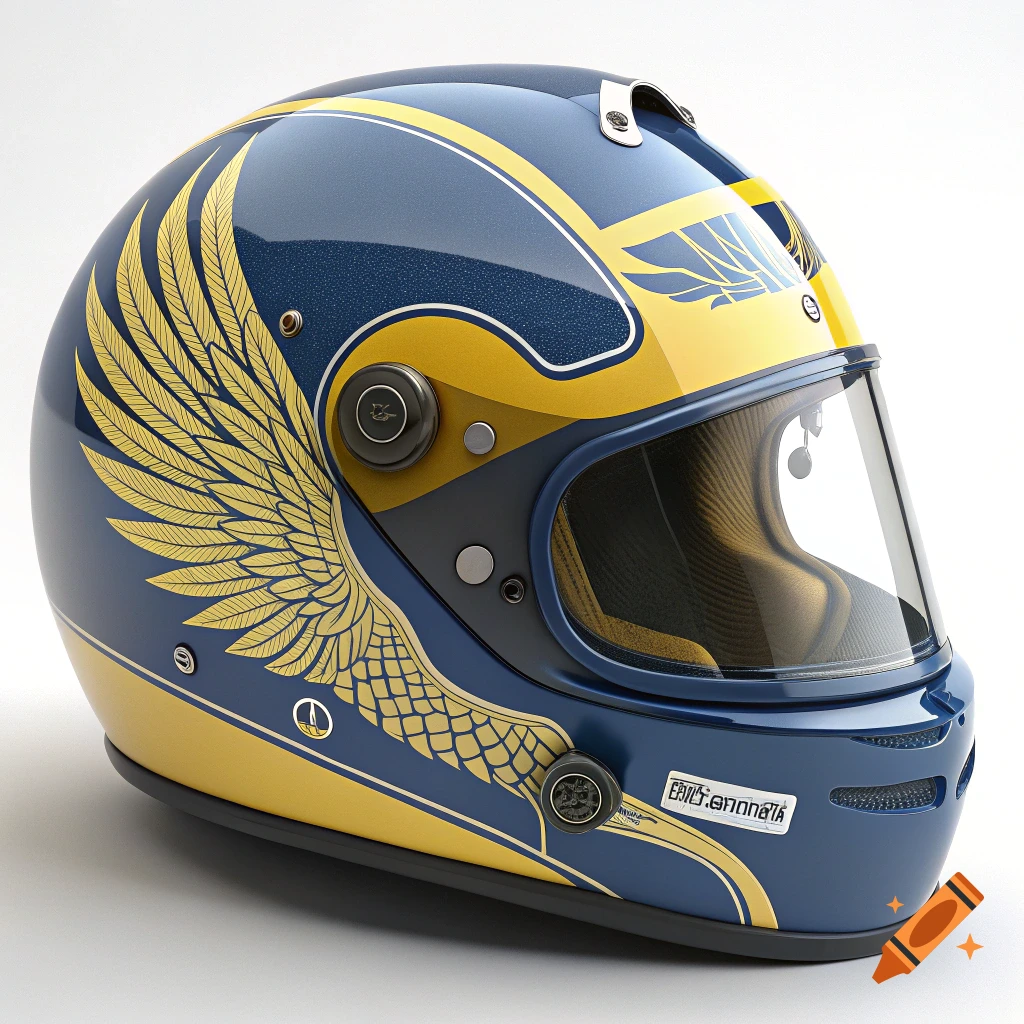 A close-up, photorealistic image of a blue and yellow racing helmet ...