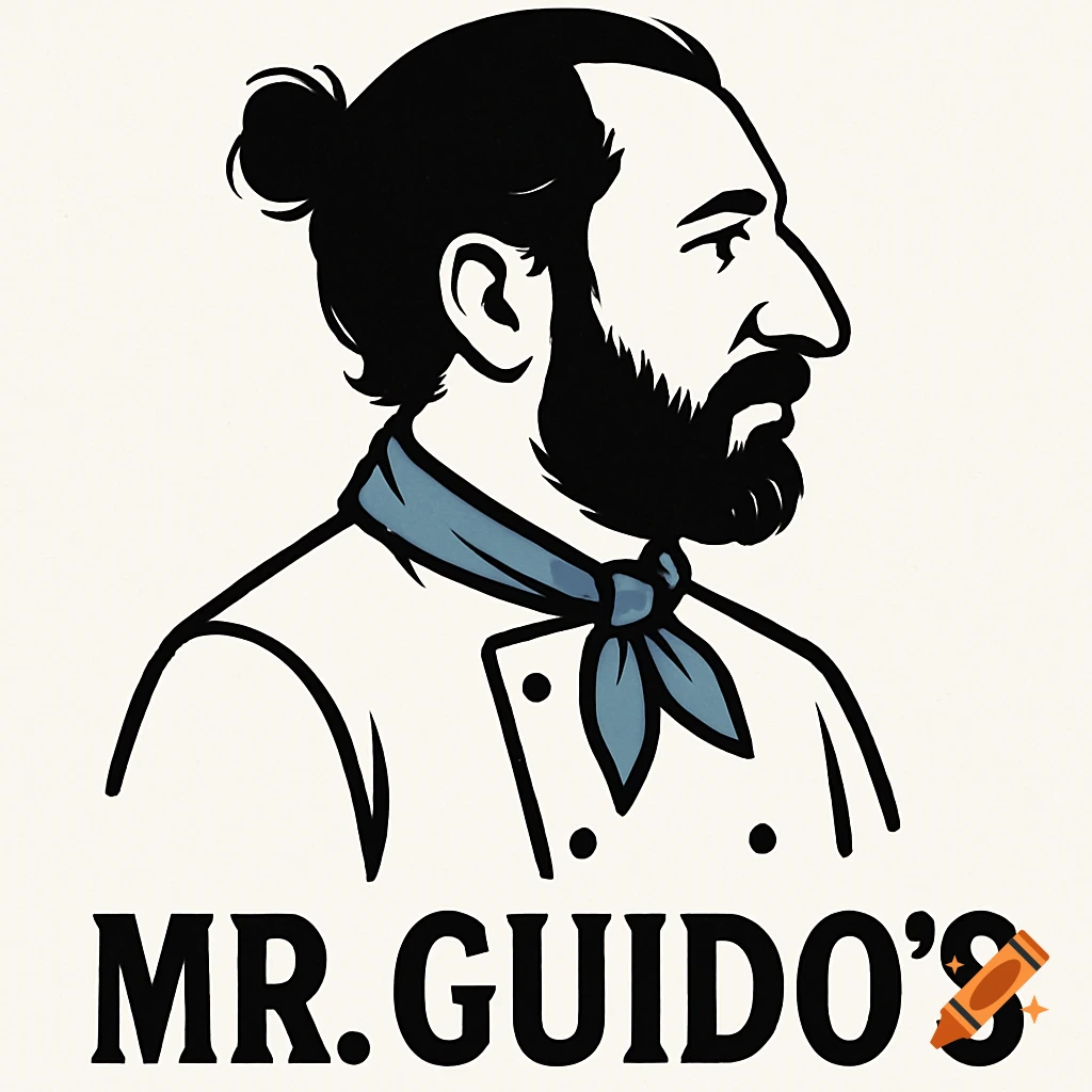 Black and white line art logo of a chef with beard and bun, 'MR. GUIDO ...
