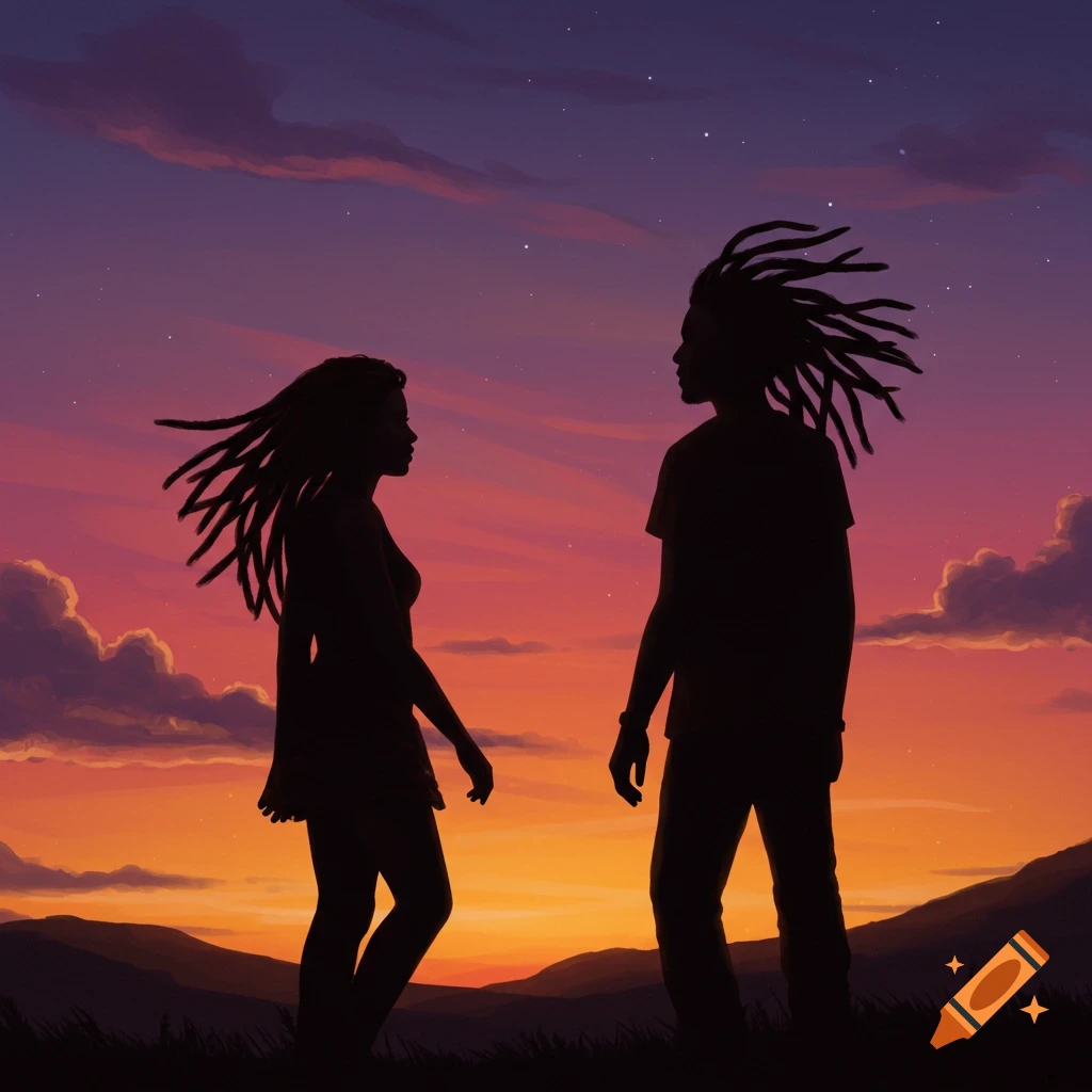 Two people with dreadlocks in silhouette stand facing each other ...