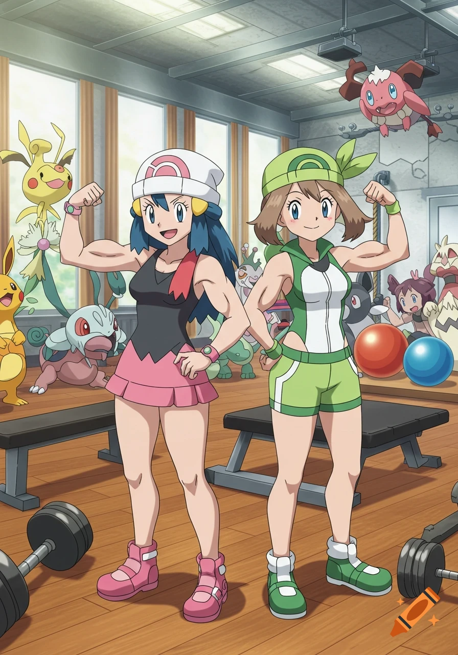 Dawn and May flex their muscles in a gym with various Pokémon around ...