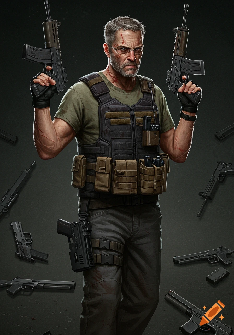 Illustration of a man in tactical gear holding two rifles, surrounded ...