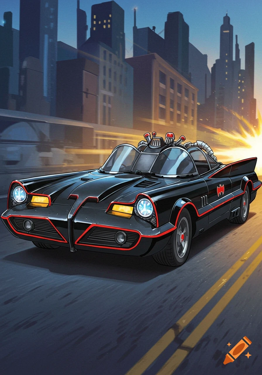 Illustration of the 1966 Batmobile driving through a city at sunset. on ...