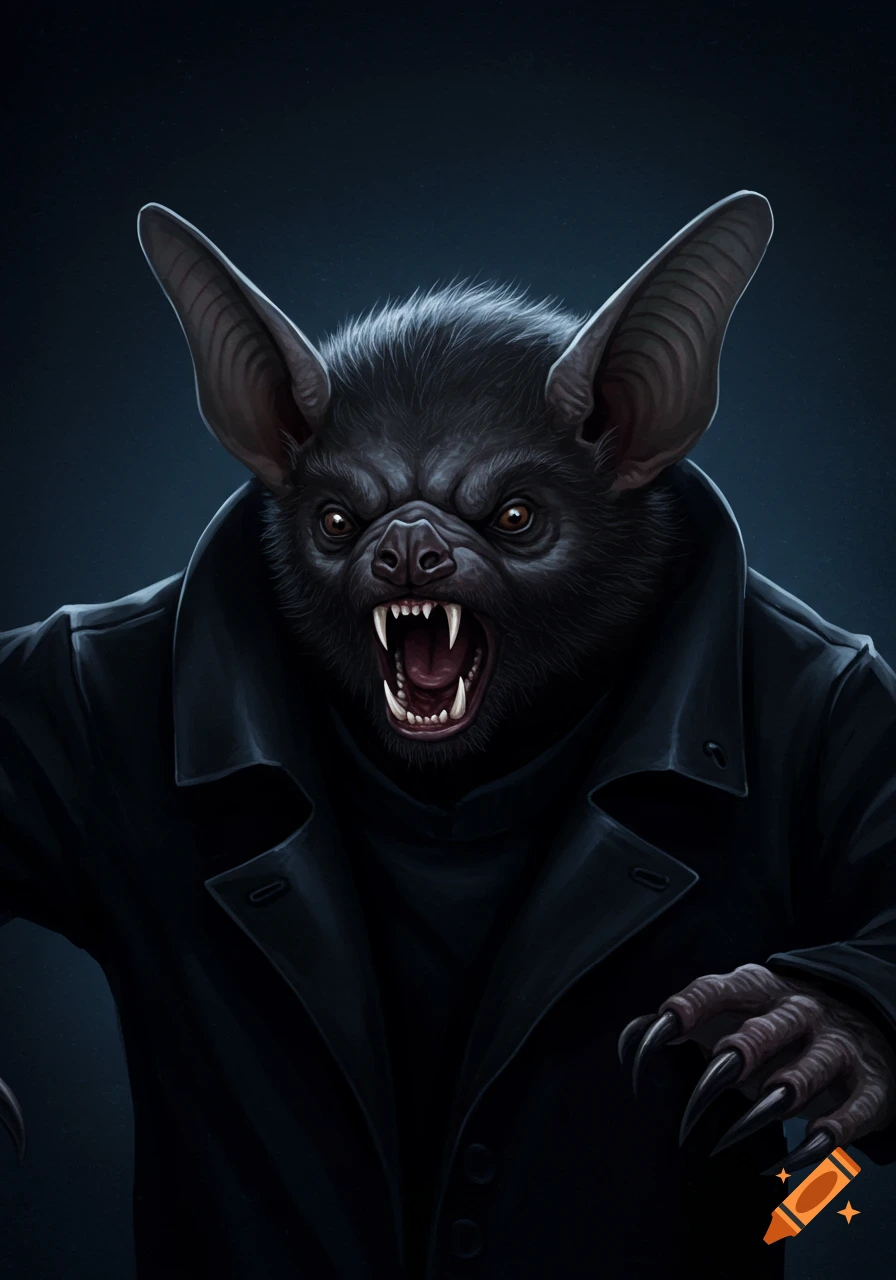Aggressive bat creature in a black coat with sharp fangs and claws on ...
