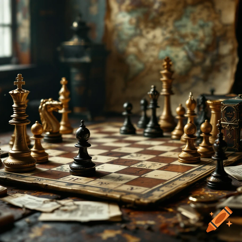 Vintage chessboard with chess pieces, papers, and map in a historical ...
