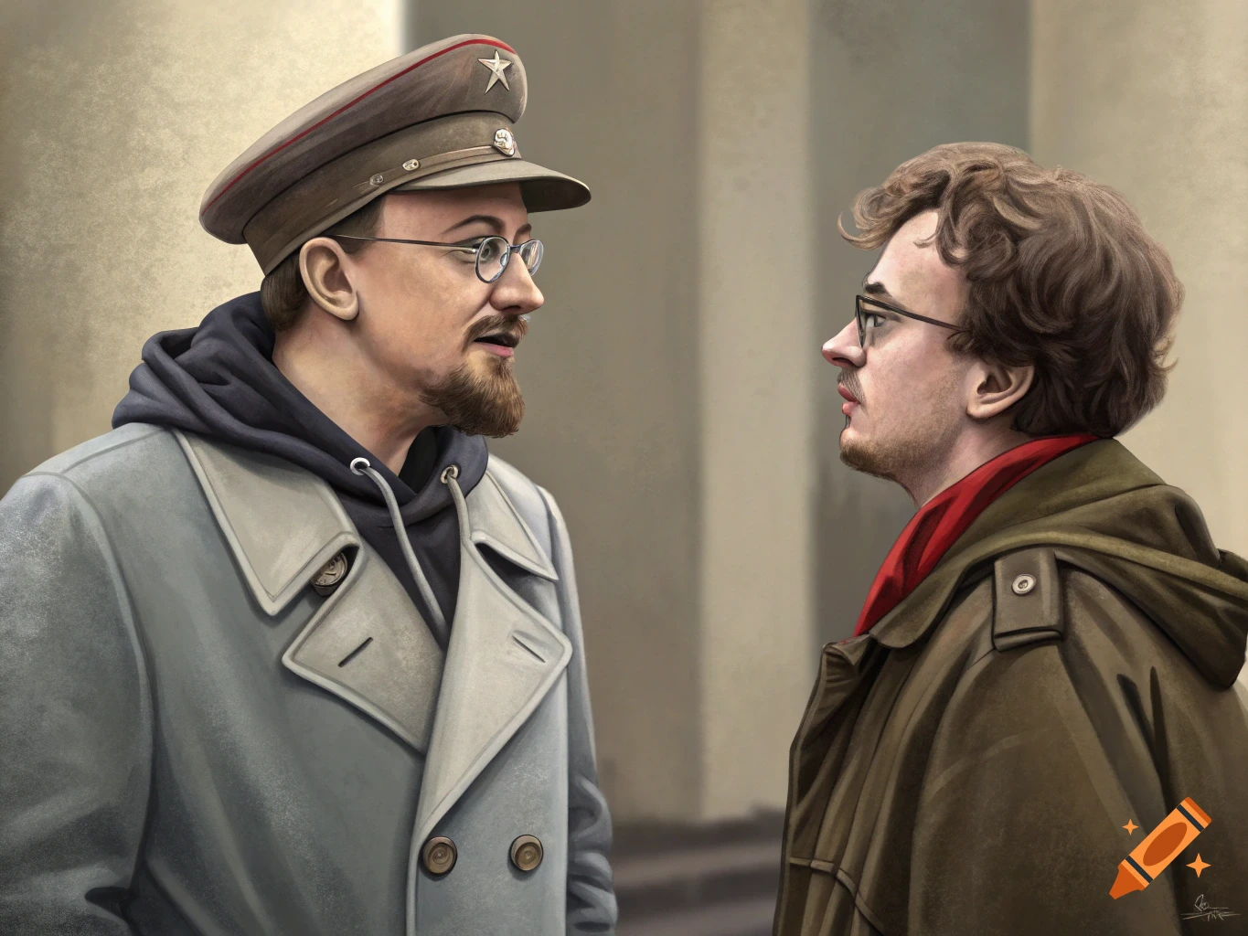 Painting of Sam Hyde meeting Leon Trotsky on Craiyon