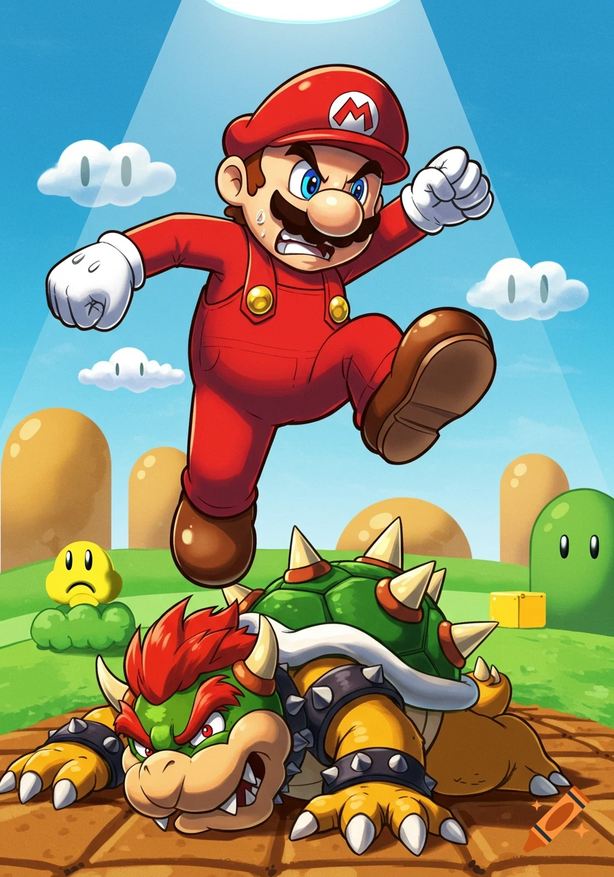 Mario stomps on Bowser in a bright, cartoon-style scene. on Craiyon