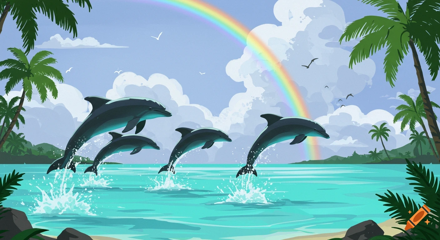 Dolphins jumping from the ocean under a rainbow with palm trees and a ...