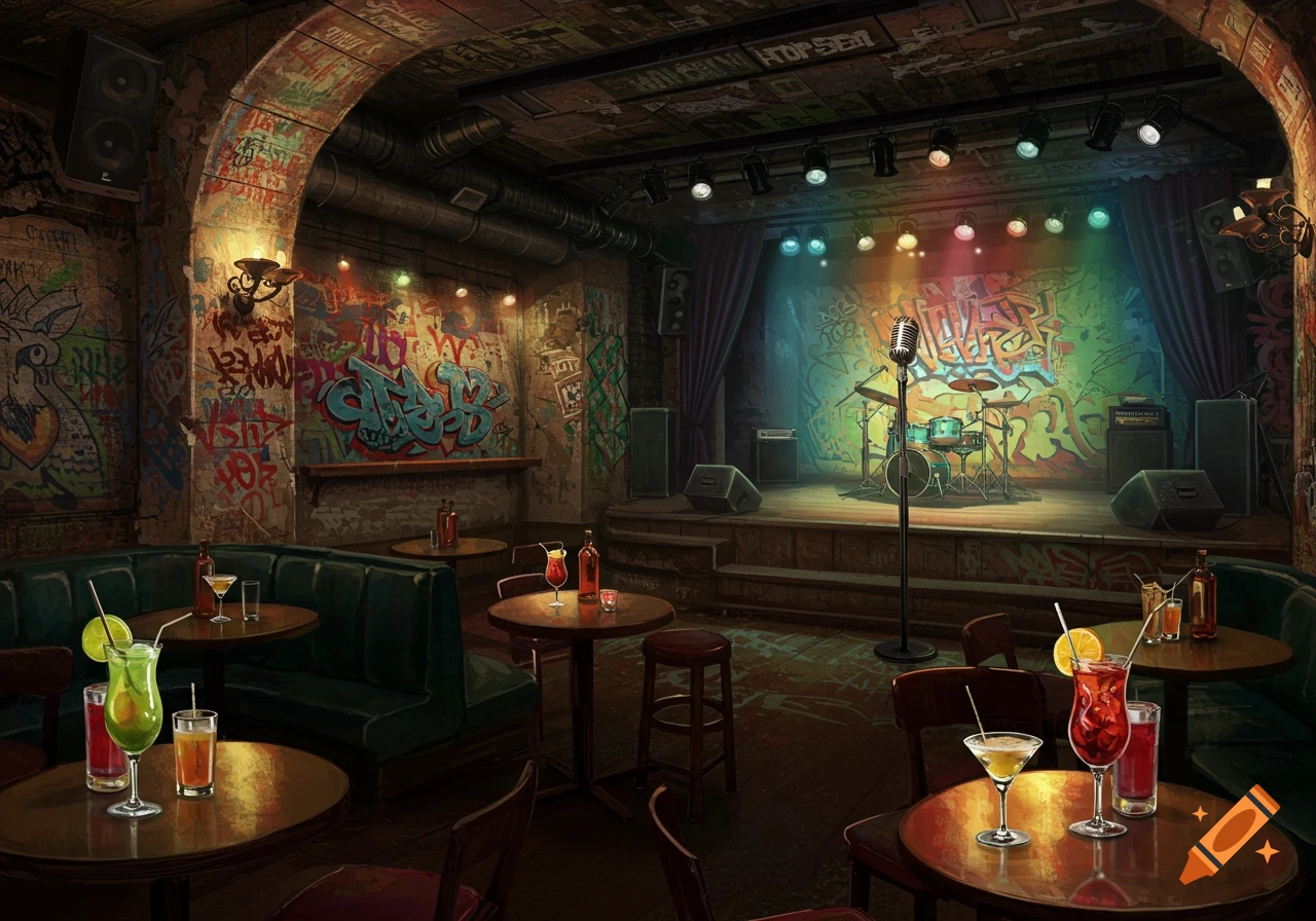 Underground bar interior with a stage, microphone, drums, and graffiti ...