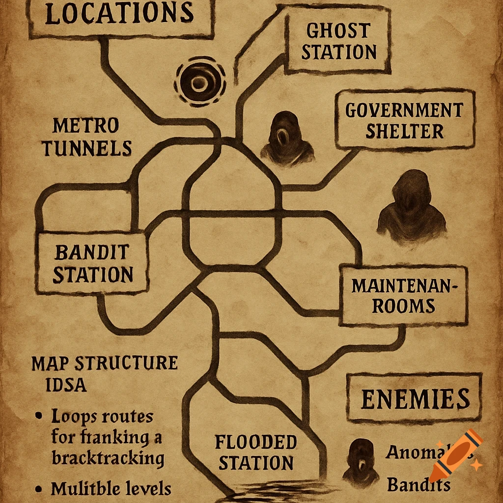 An old paper map showing interconnected underground locations like ...