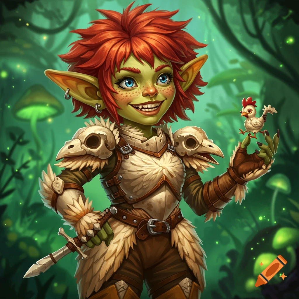 A smiling female goblin with red hair and green skin wears bone and ...